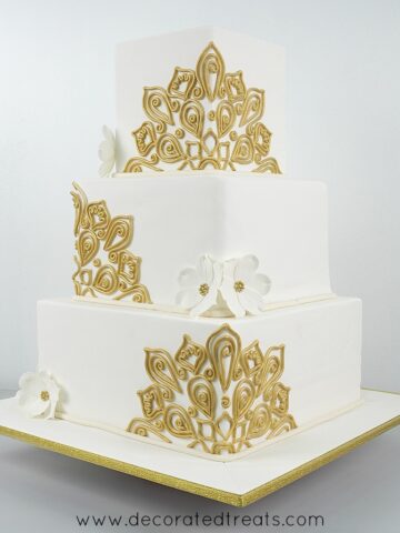 Square Wedding Cake with Gold Lace - Tutorial | Decorated Treats