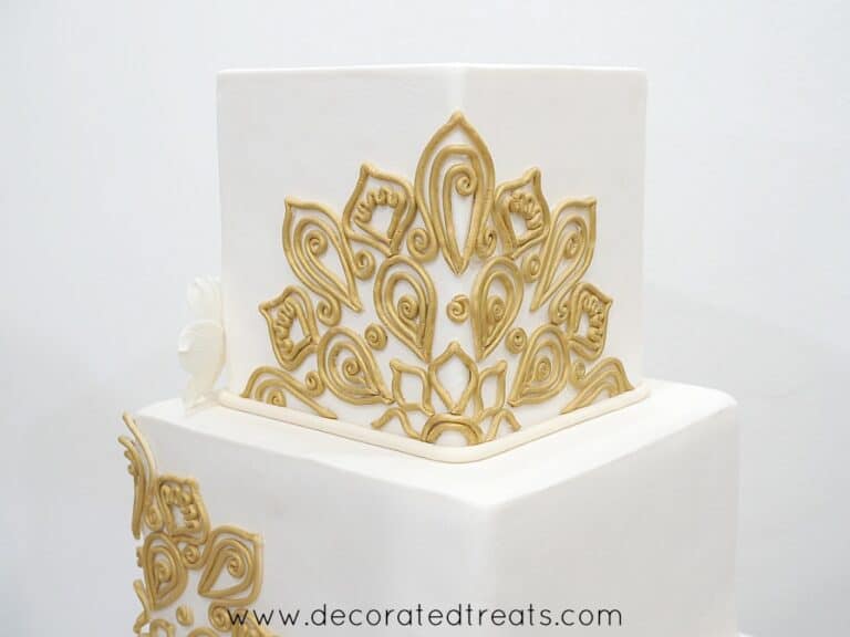 Square Wedding Cake with Gold Lace - Tutorial | Decorated Treats